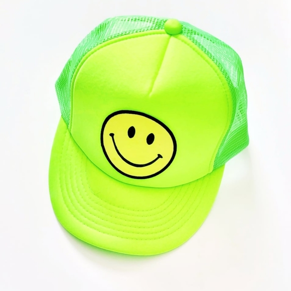 Accessories | Lime Green Smiley Face Patch Trucker Vintage Hat | Poshmark